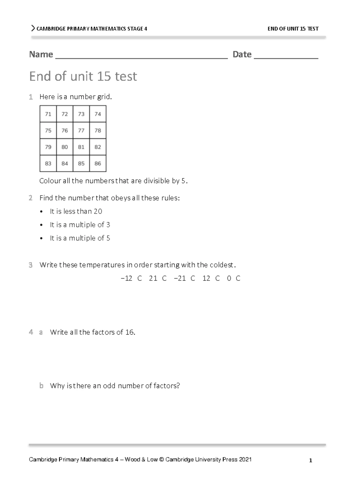 CAMBRIDGE PRIMARY MATHEMATICS 4 END OF UNIT 10 TEST REVIEW - Studocu