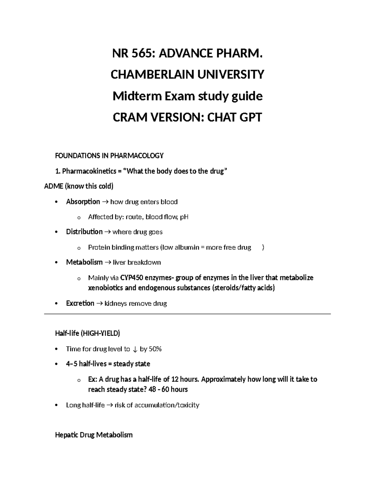 NR 565: Advanced Pharmacology Midterm Exam Cram Study Guide - Studocu