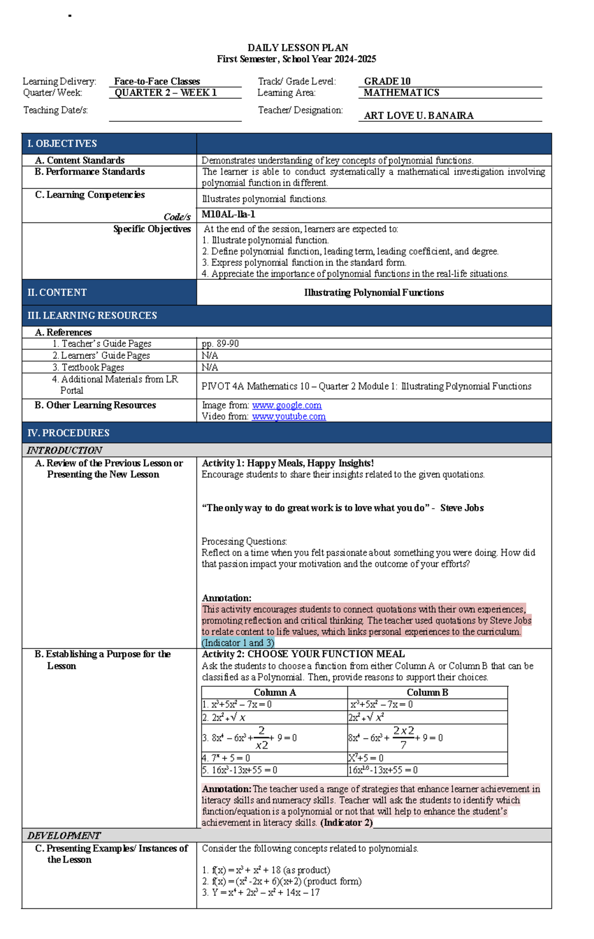 2ND Round DLP - This is an example of DLP. - DAILY LESSON PLAN First ...