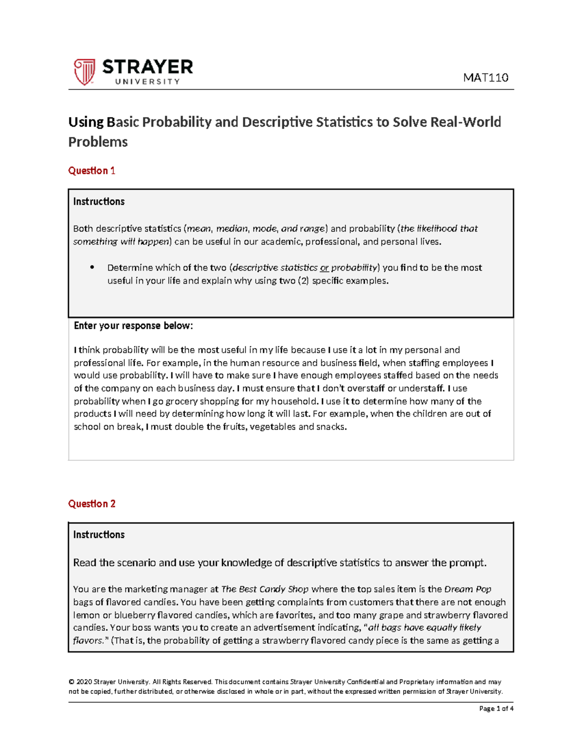 MAT110 Week 10 Assignment: Probability & Descriptive Stats in Real Life ...