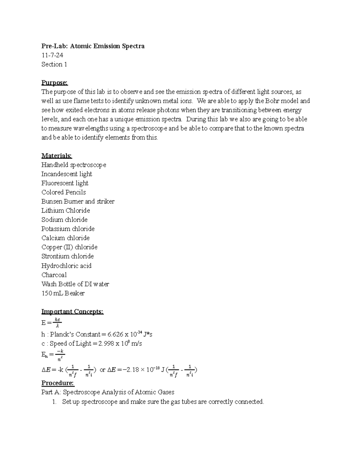 Pre Lab: Atomic Emission Spectra Analysis for Chemistry 101 - Studocu