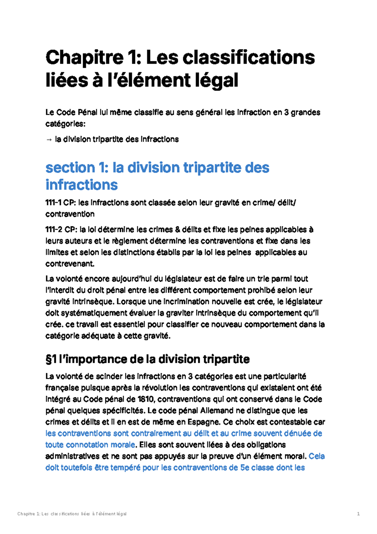 Chapitre 1: Classification des Infractions Légales selon le Code Pénal ...