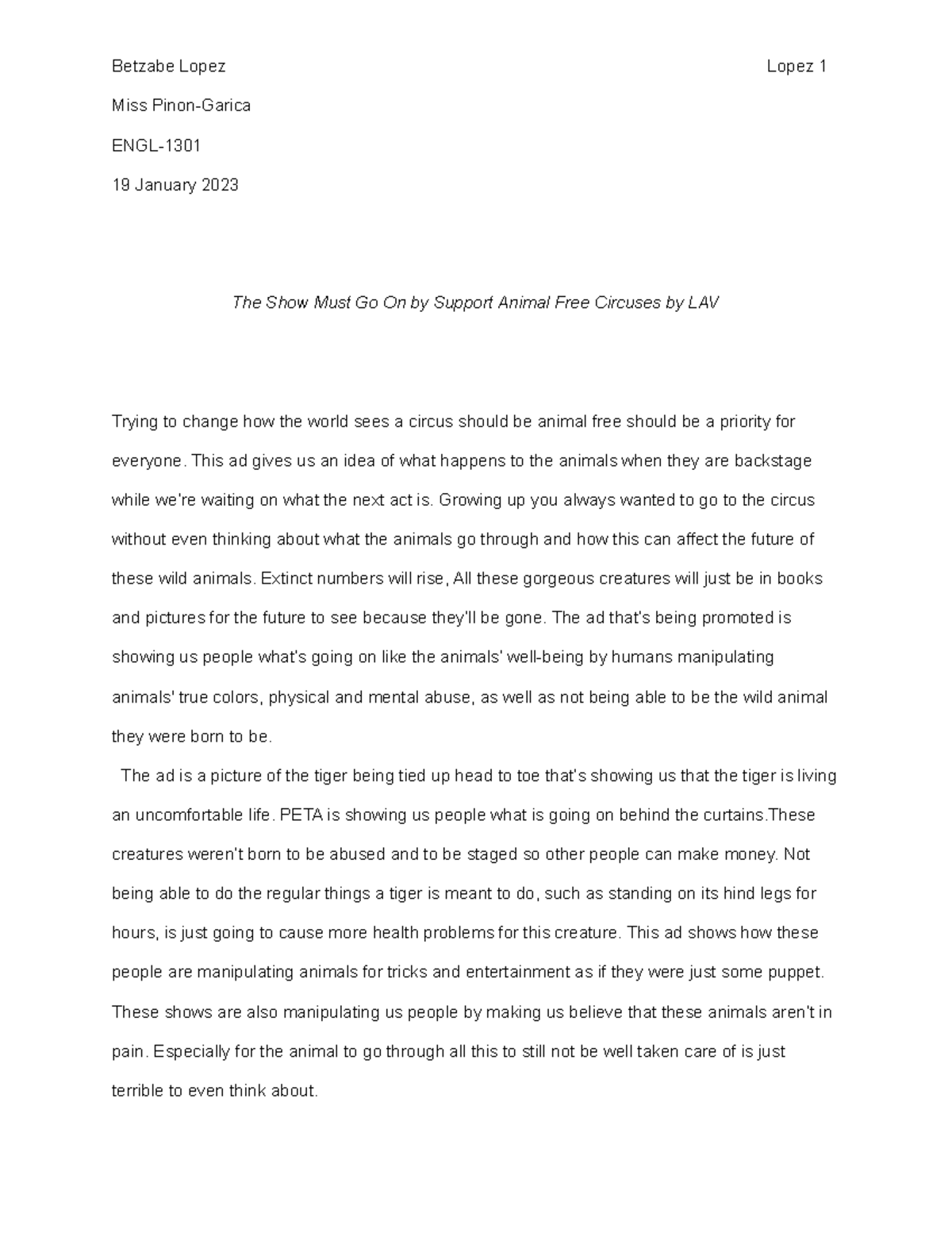 ENGL- Visual Analysis Essay: The Sad Reality of Circus Animals - Studocu