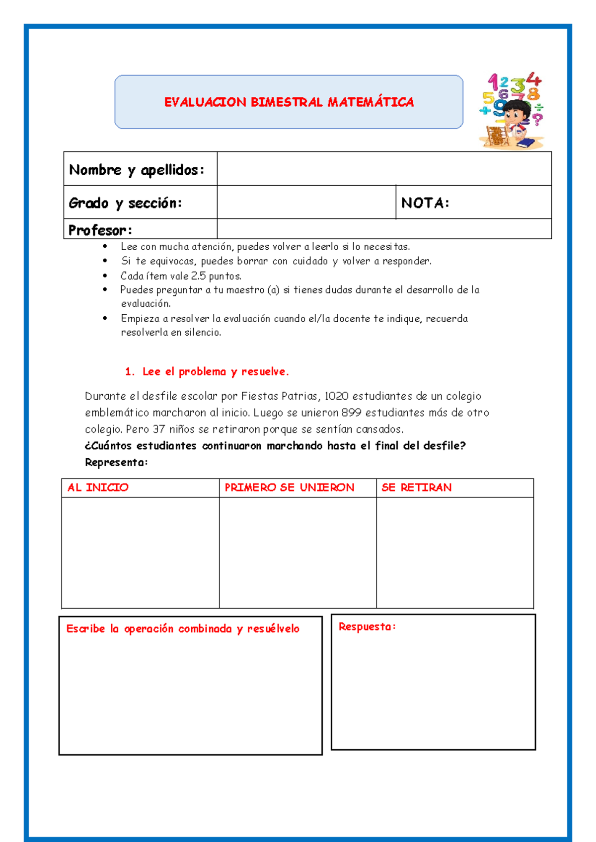 Evaluación Bimestral de Matemática 4° IIB - Studocu