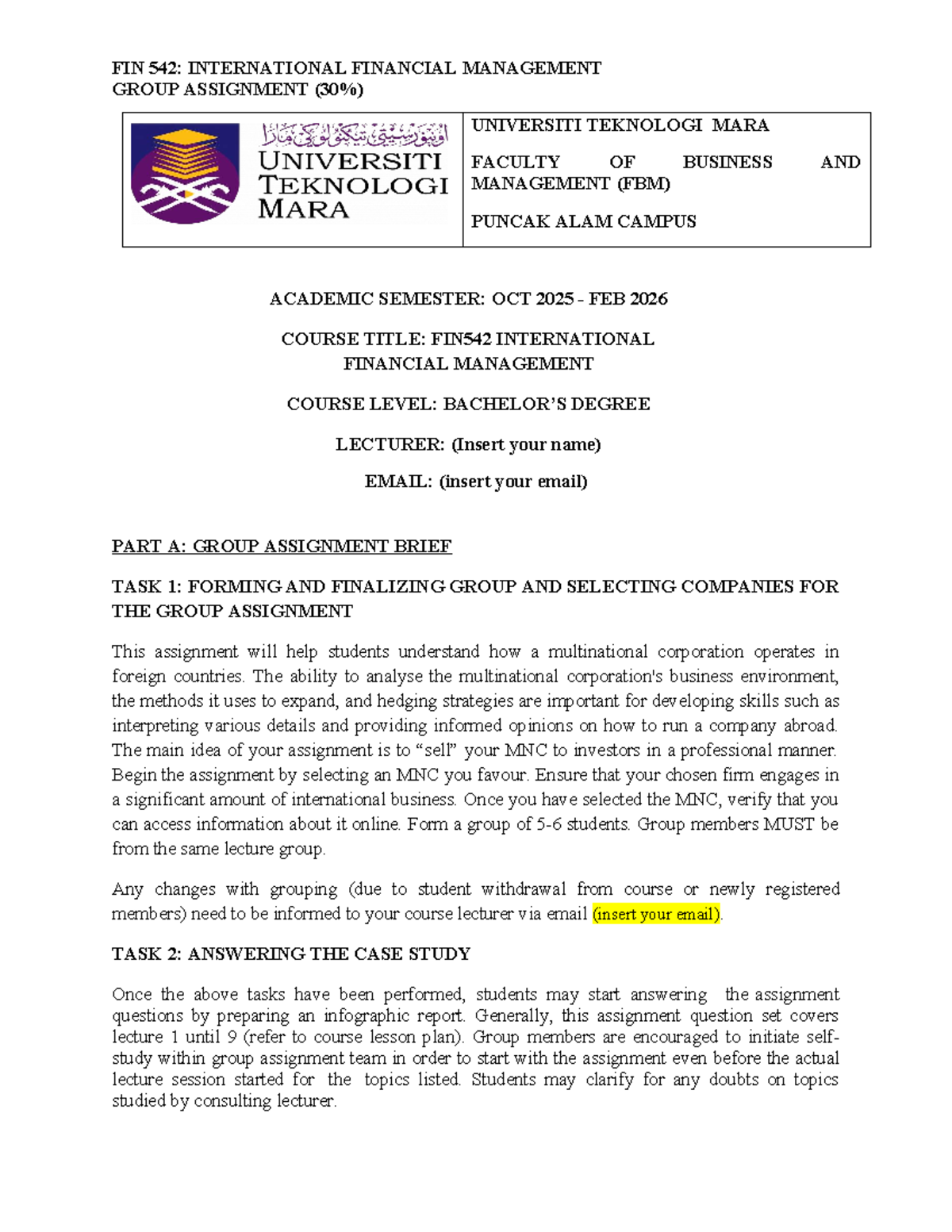 FIN 542: Group Assignment Guidelines & Case Study Questions - Studocu