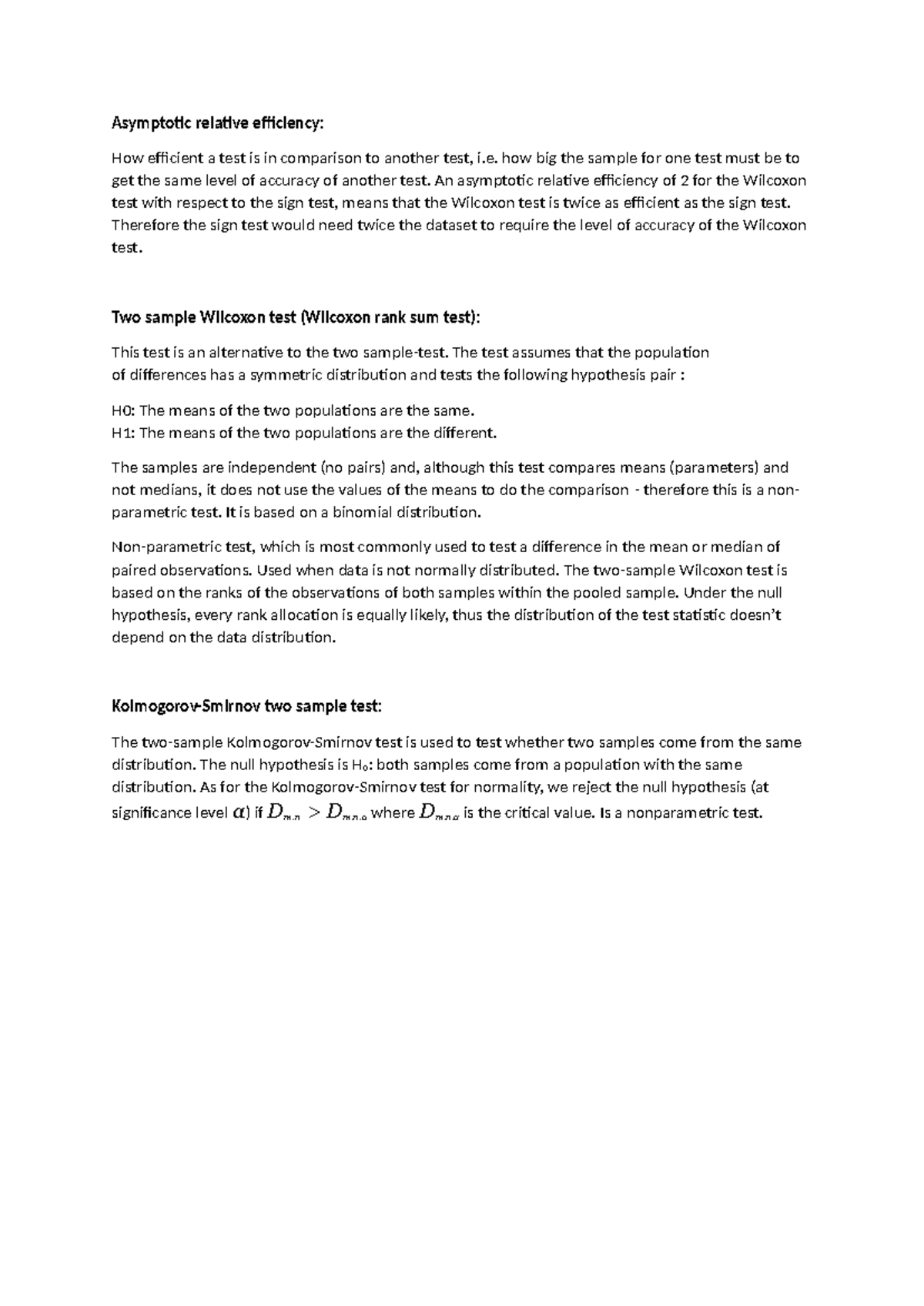 Asymptotic Relative Efficiency and Nonparametric Tests Summary ...