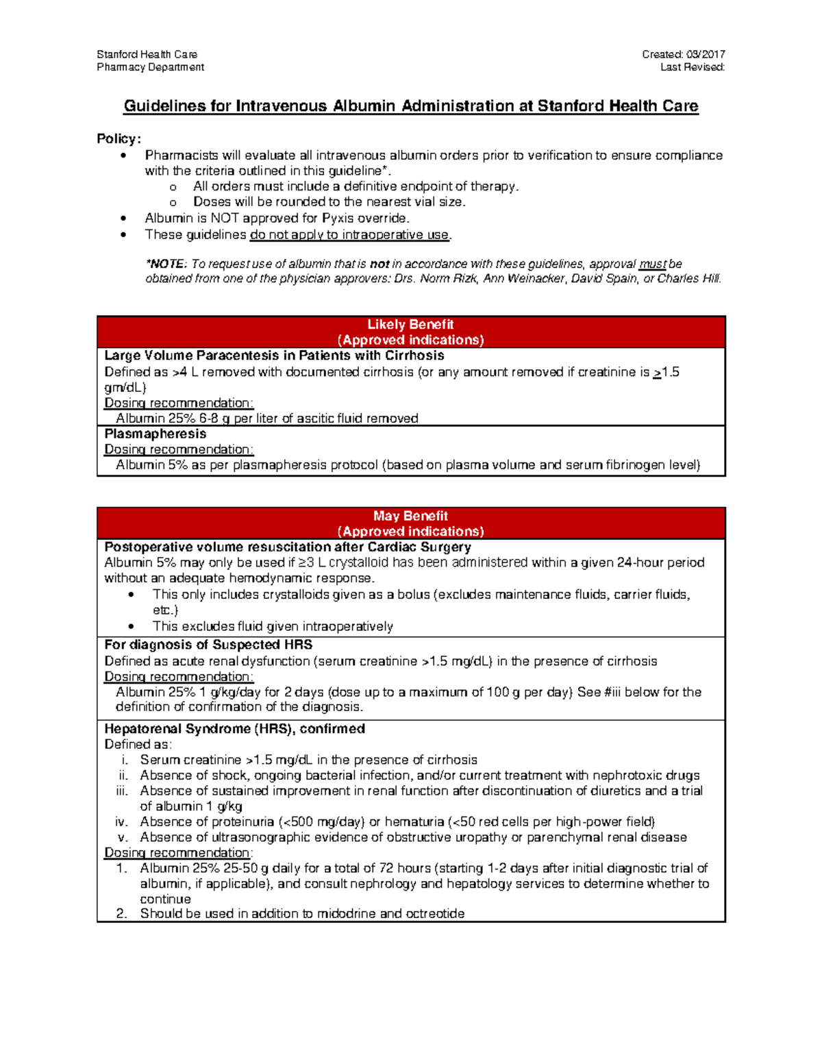Guidelines for IV Albumin Admin. at Stanford Health Care - Studocu