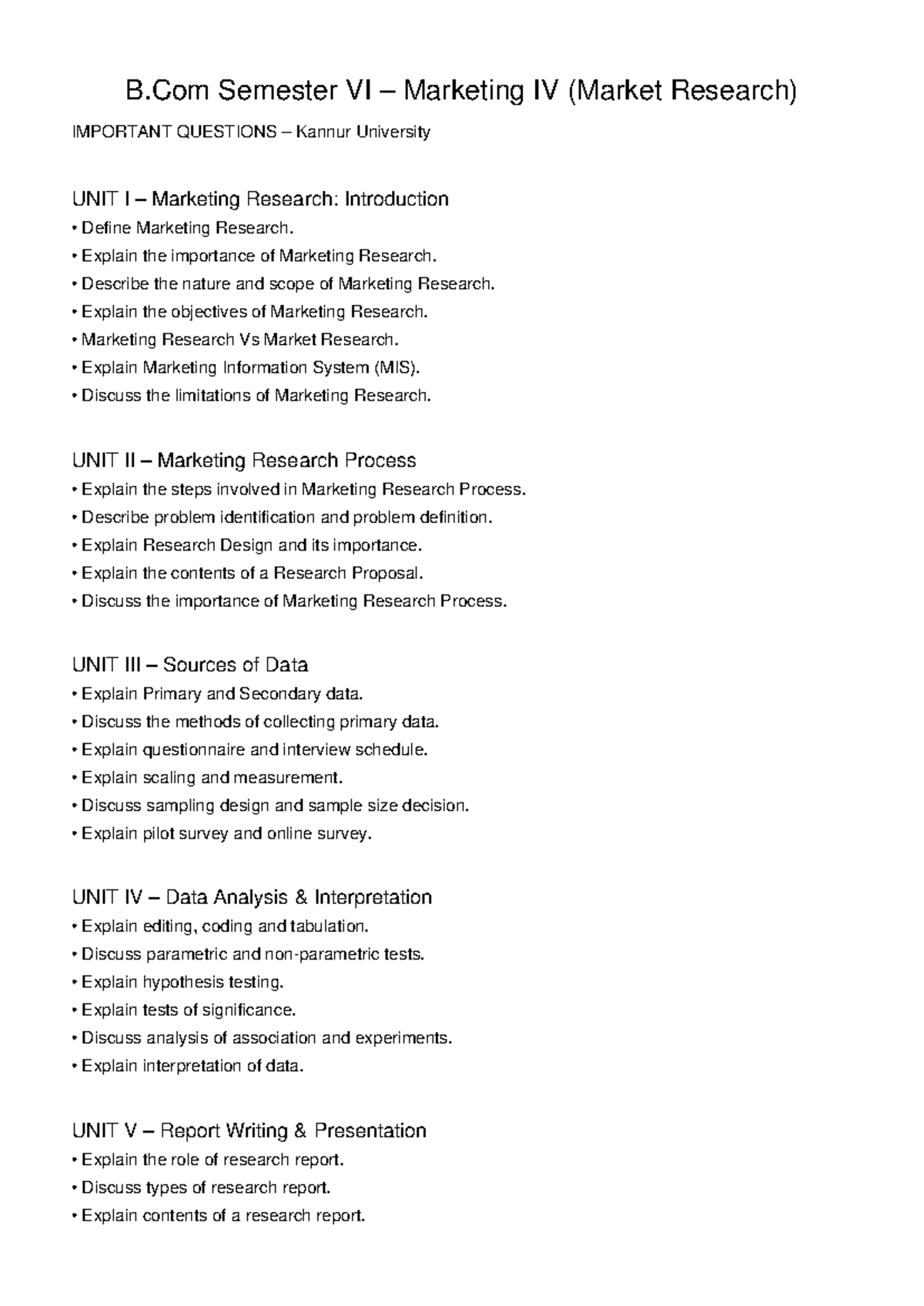 B.Com Sem VI Marketing IV (Market Research) Key Questions - Studocu