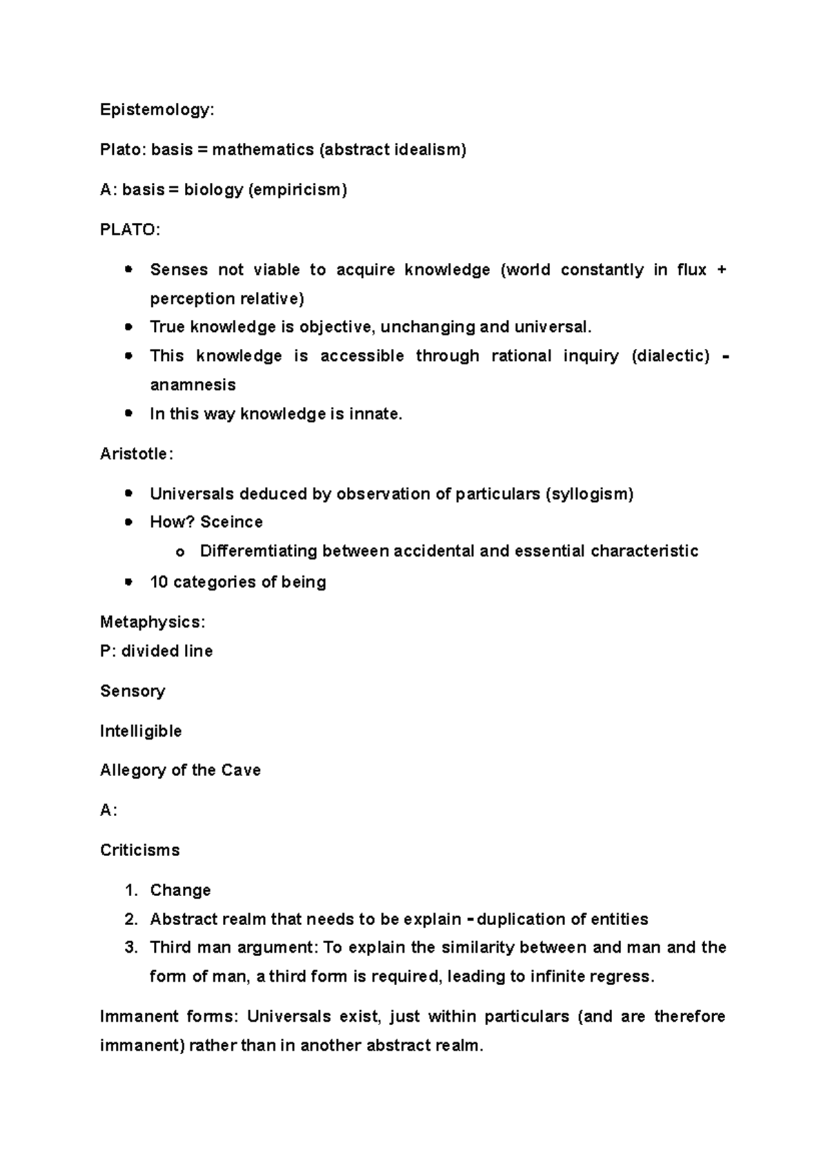 Epistemology: Summary Notes on Plato & Aristotle (PHIL 101) - Studocu