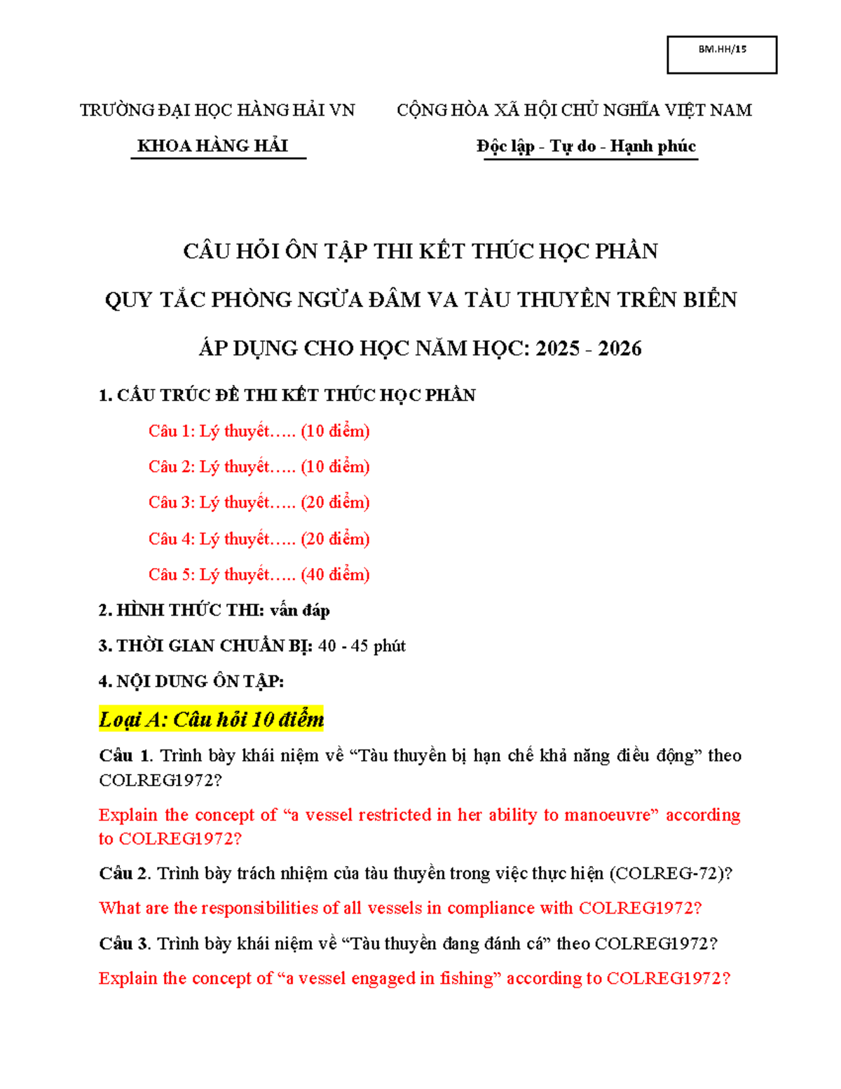 Câu Hỏi Ôn Tập Thi Kết Thúc Học Phần COLREG 72 Năm Học 2025-2026 - Studocu