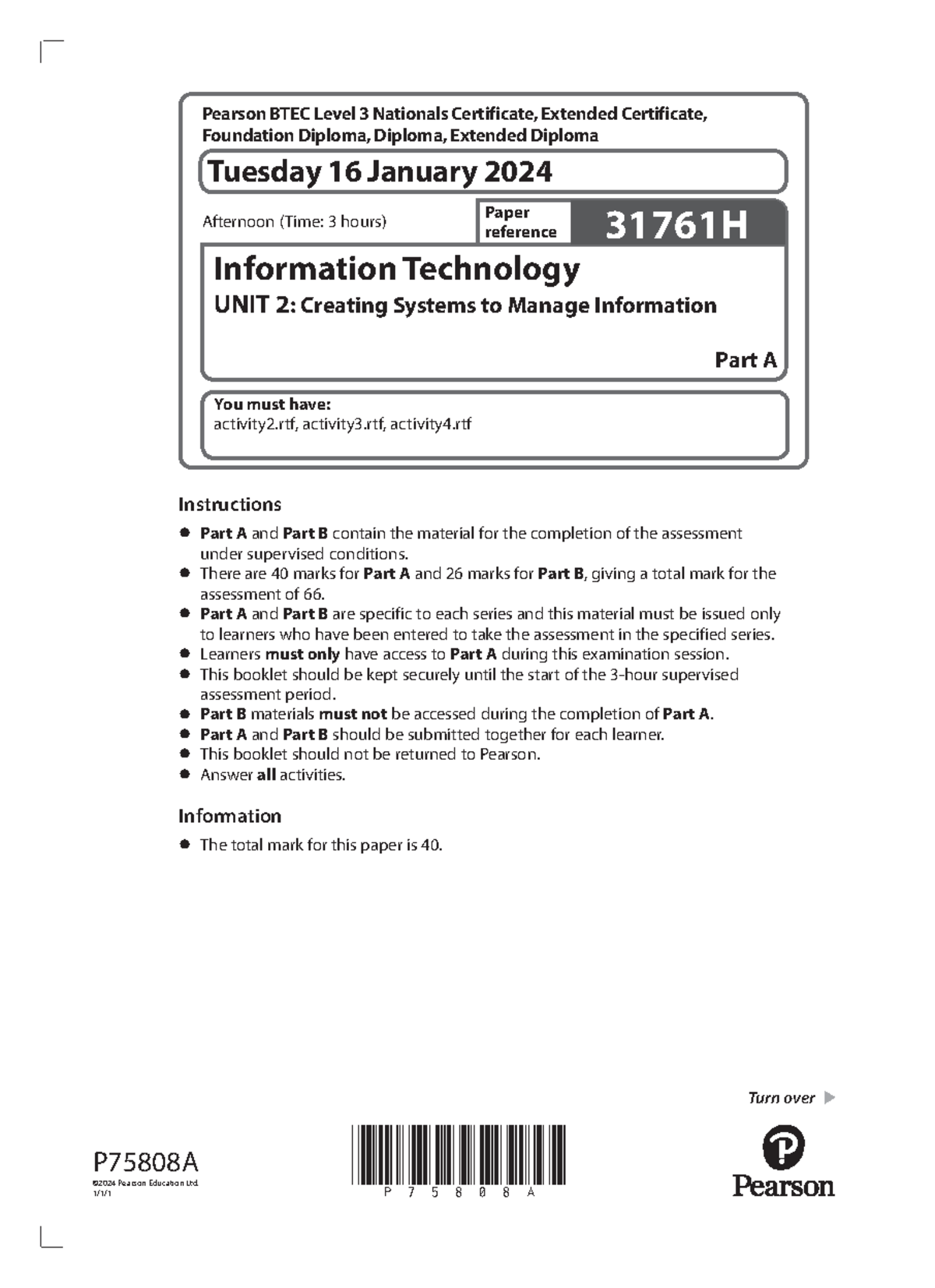 BTEC IT P75808A & P75817A Question Paper: Creating Systems to Manage ...
