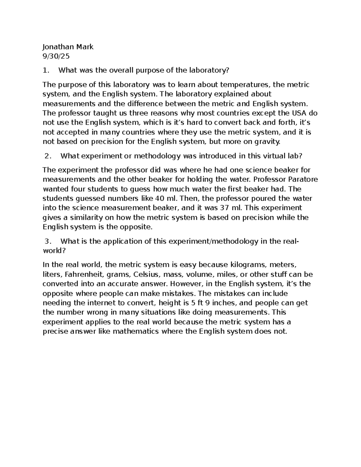 SCB Lab 1: Understanding Metric vs. English Measurement Systems - Studocu