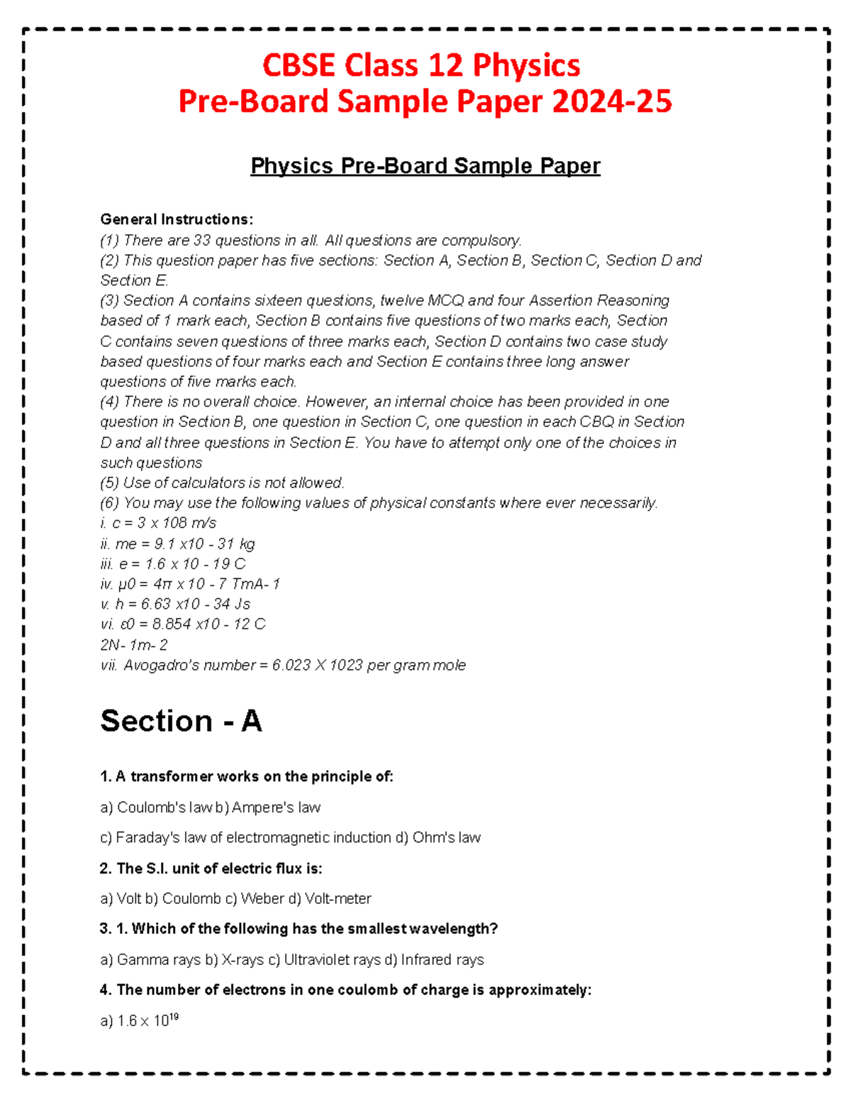 CBSE Class 12 Physics Sample Paper: Comprehensive Guide - Studocu