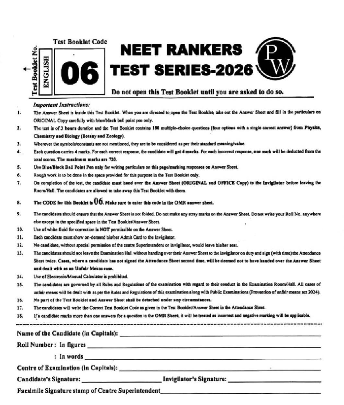Ranker-06 NEET Full Syllabus Test Booklet - Studocu