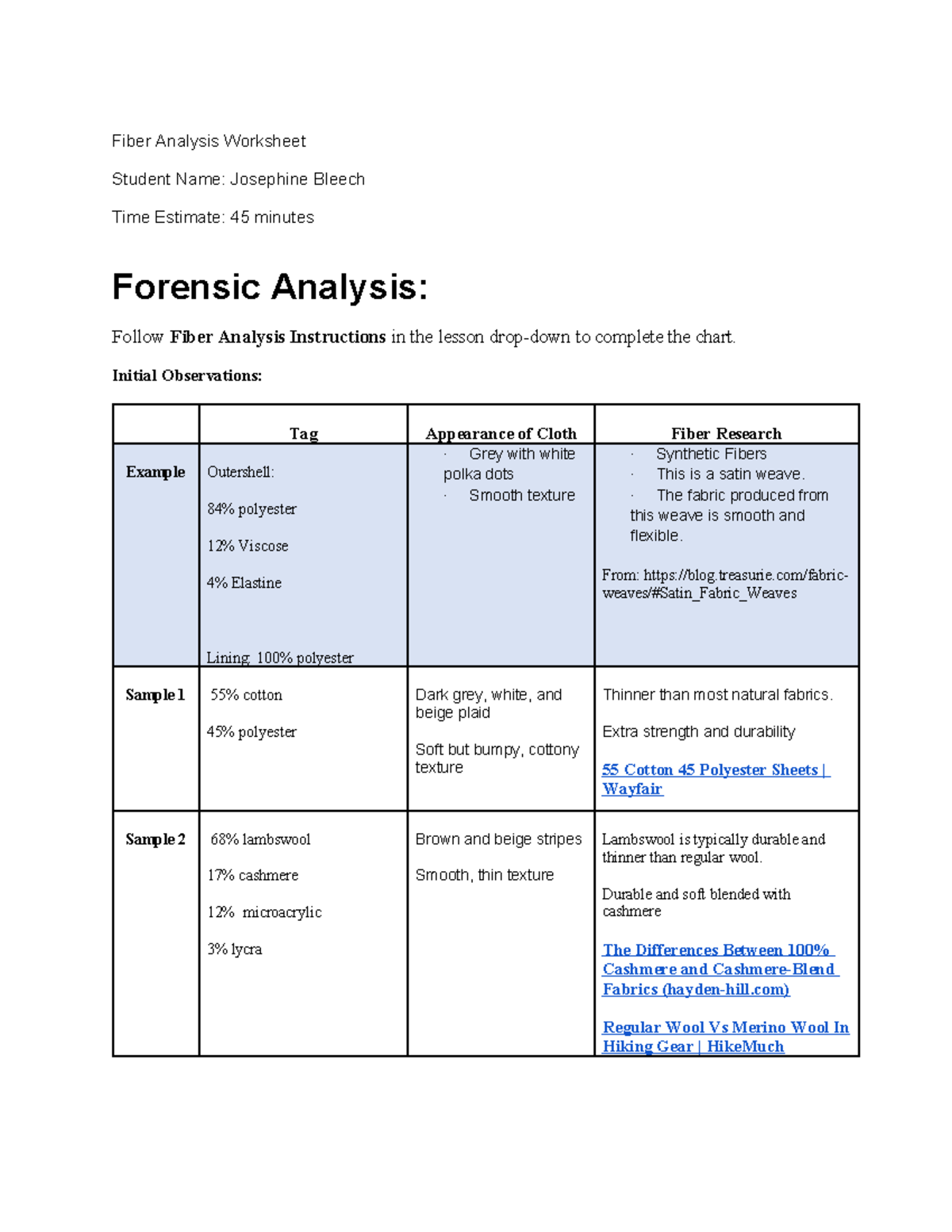 Fiber Analysis Worksheet for Course 2.03: Forensic Fiber Studies - Studocu