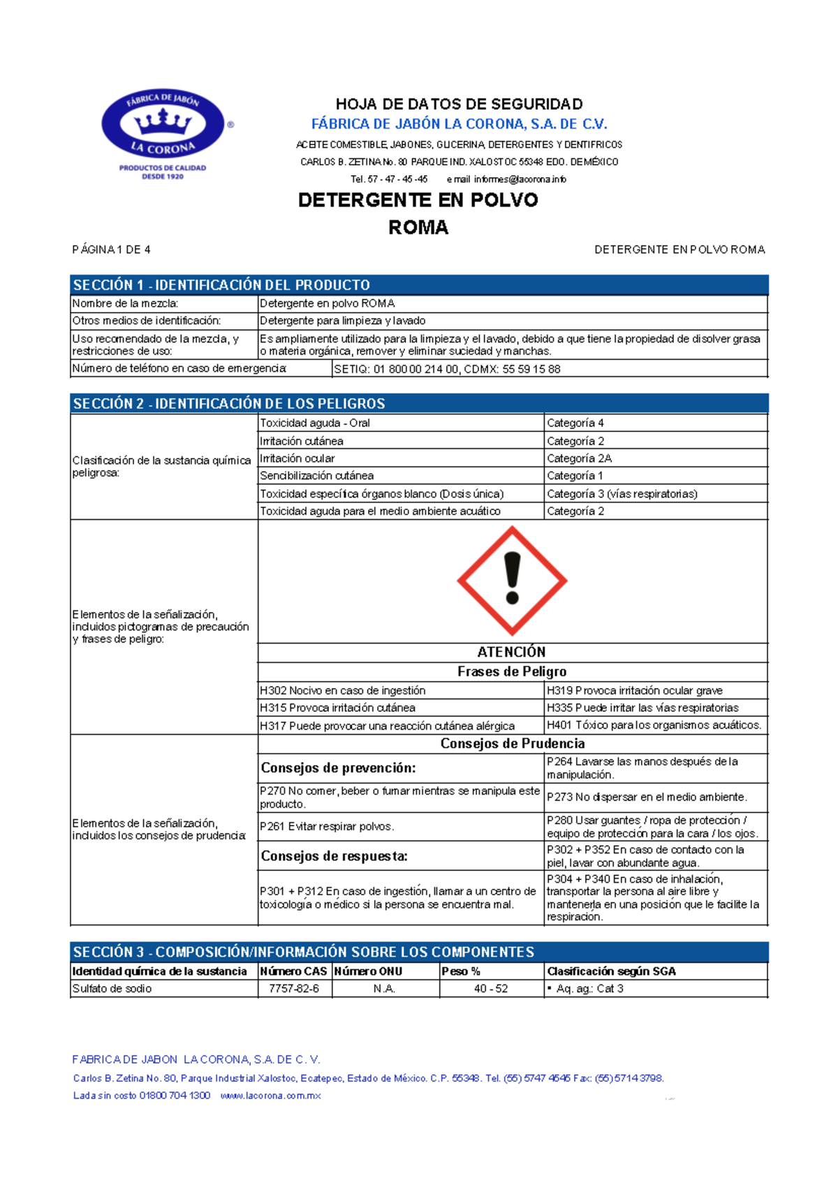 HDS del Detergente en Polvo ROMA - Fábrica de Jabón La Corona - Studocu