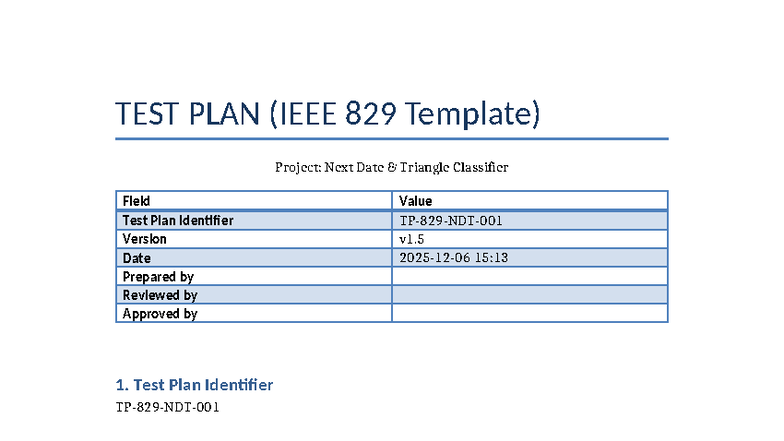 IEEE 829 Test Plan for Next Date & Triangle Classifier - Studocu