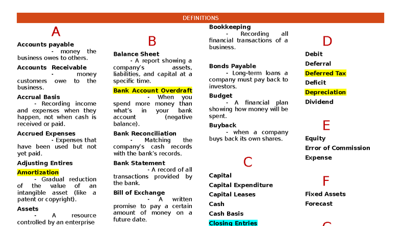 Accounting Definitions: Key Terms and Concepts - Studocu