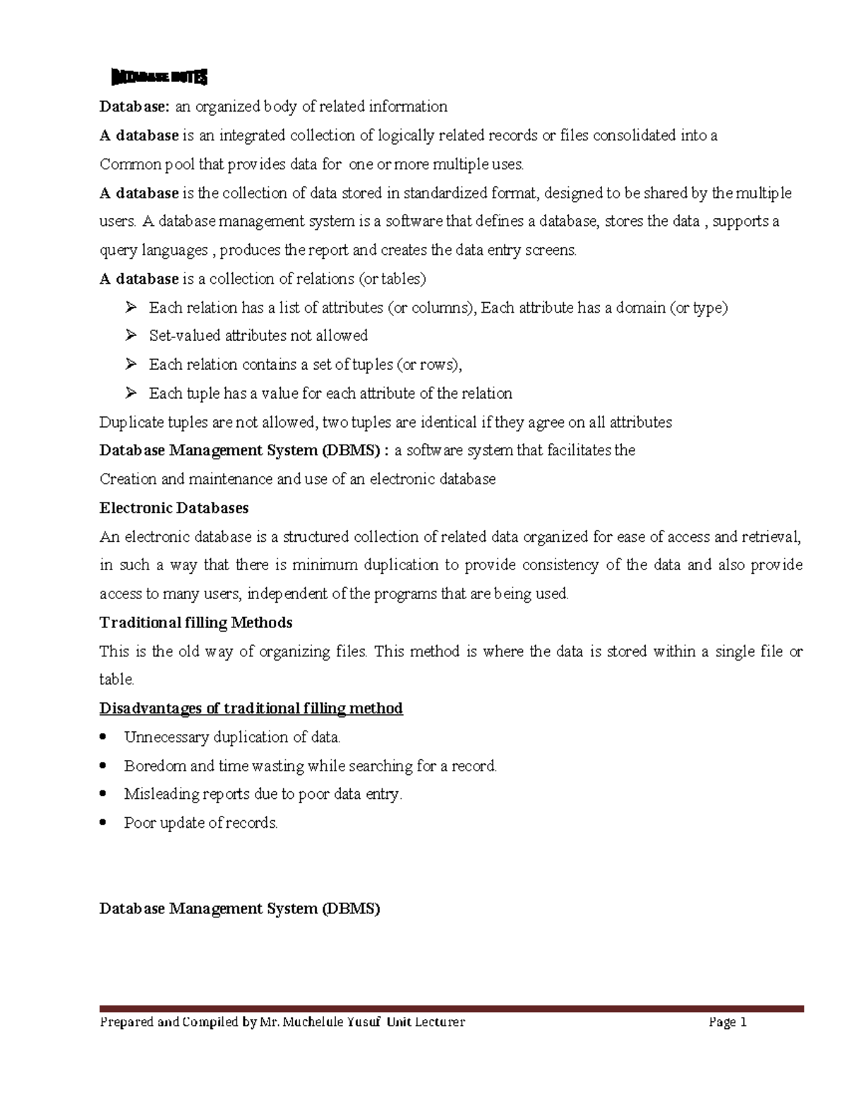 Database Management Systems (DBMS): Comprehensive Study Notes - Studocu