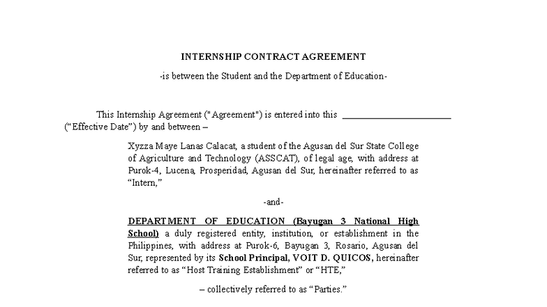Internship Contract Agreement for ASSCAT Students with DepEd - Studocu