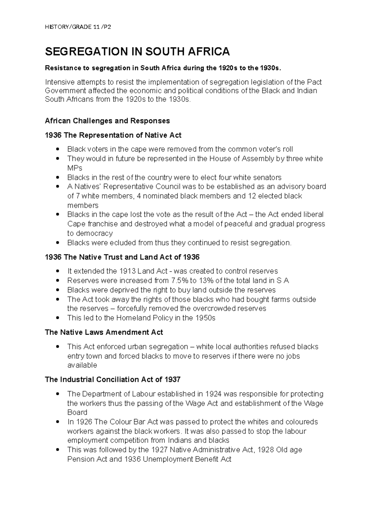 Grade 11 Essay Notes: Resistance to Segregation in South Africa (1920 ...