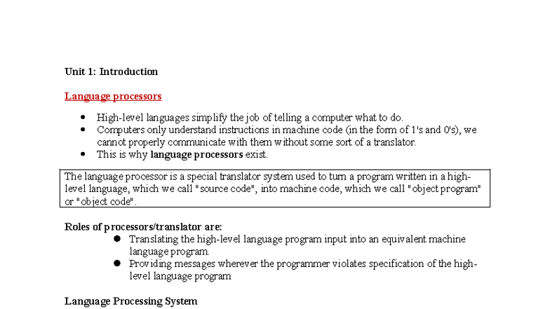 Unit 1: Introduction to Language Processors and Compilers - Studocu