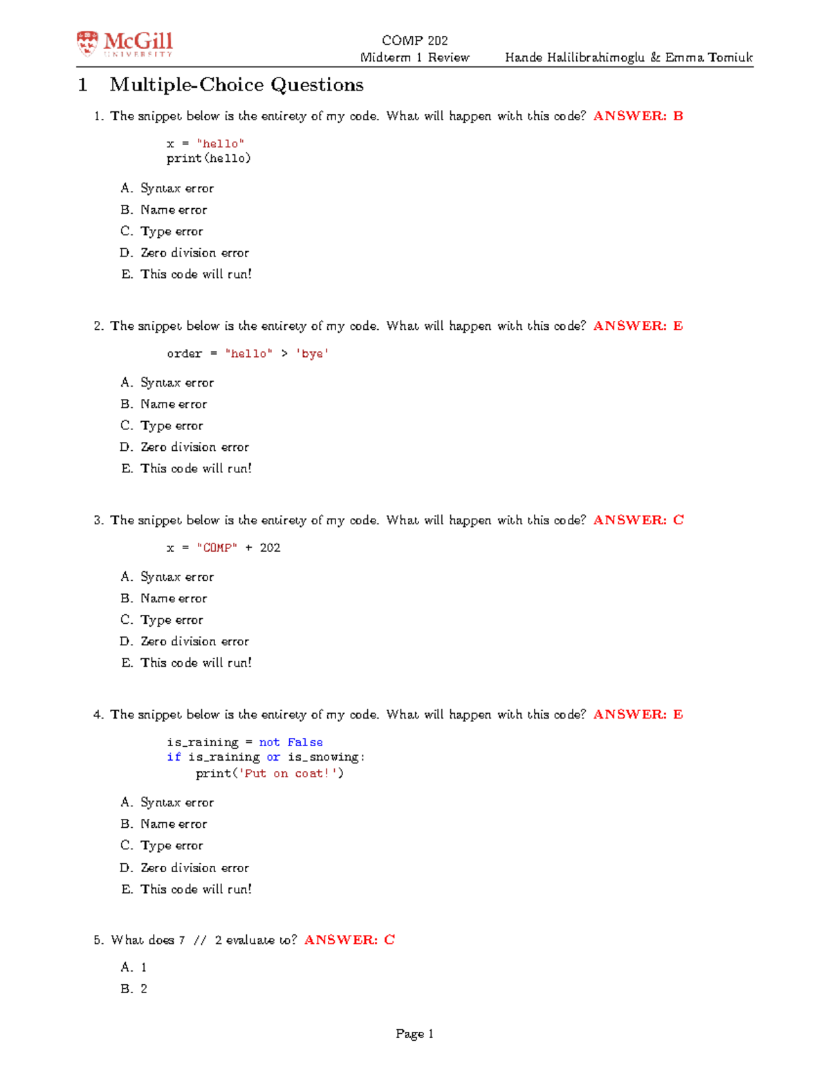 COMP 202 Fall 2025 Midterm 1 Review with Solutions - Studocu