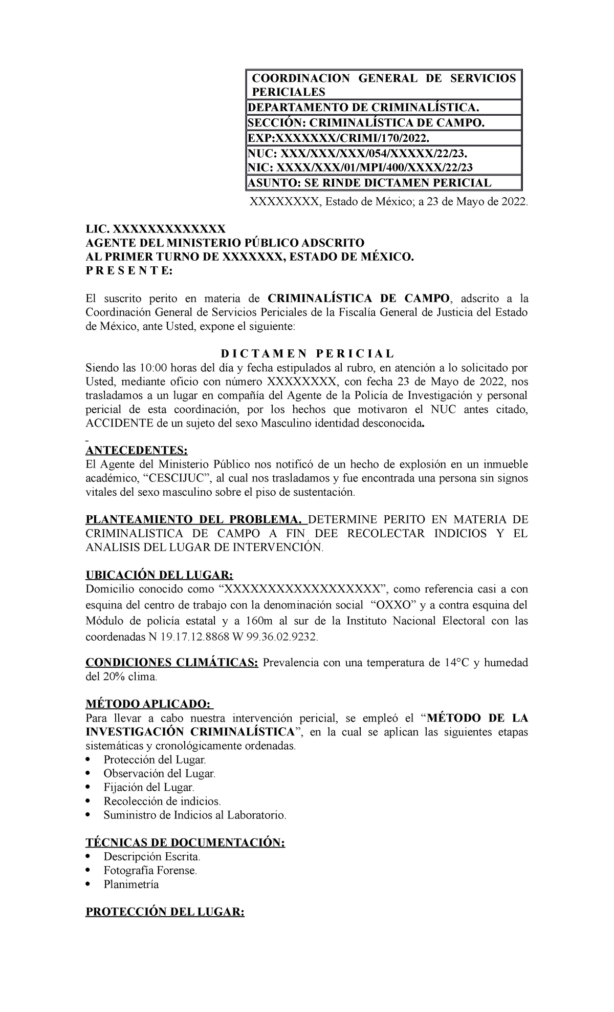 Machote Dictamen EN Criminalistica - XXXXXXXX, Estado de México; a 23 de Mayo de 2022. LIC ...