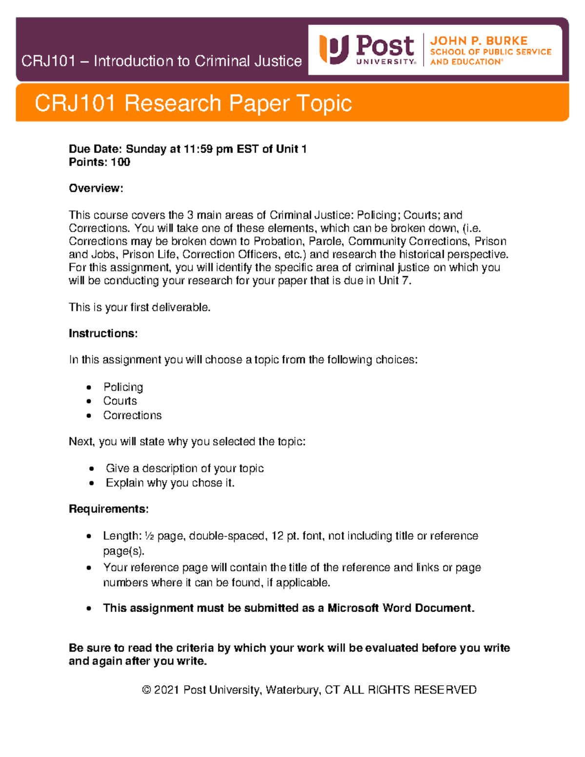 CRJ101 Unit 1 Research Paper: Topic Selection & Overview - Studocu