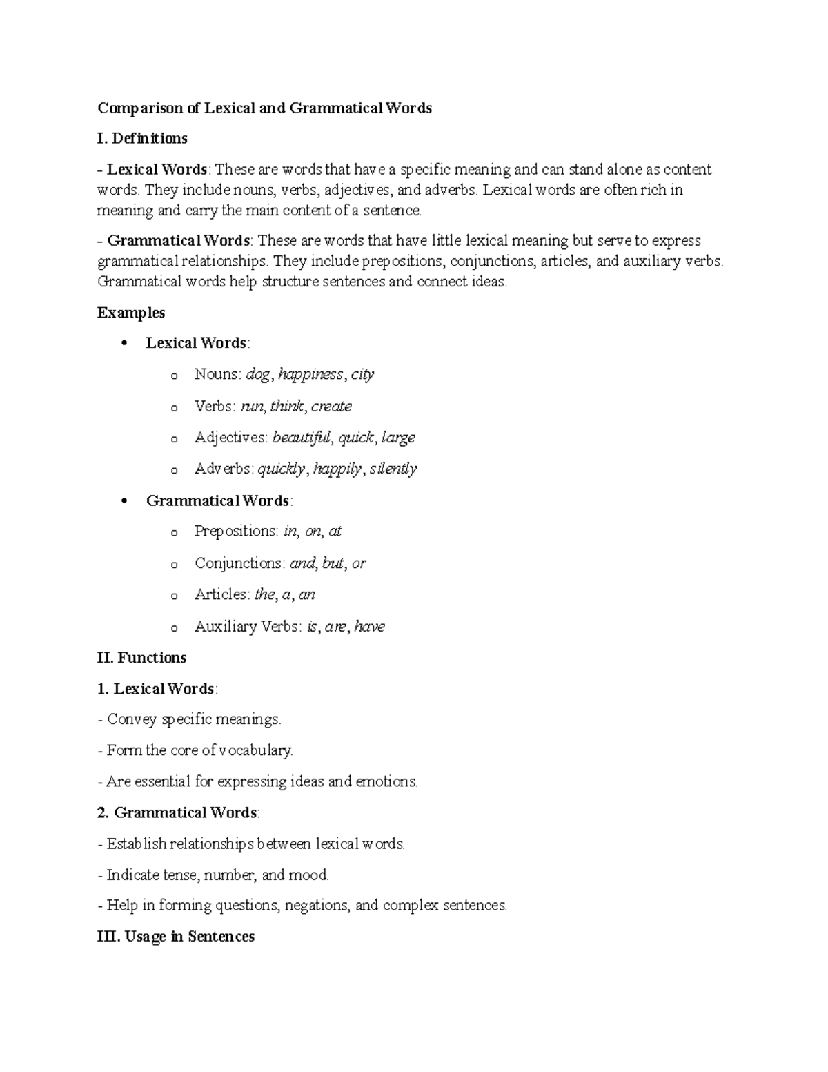Comparison of Lexical and Grammatical Words: Definitions & Functions ...