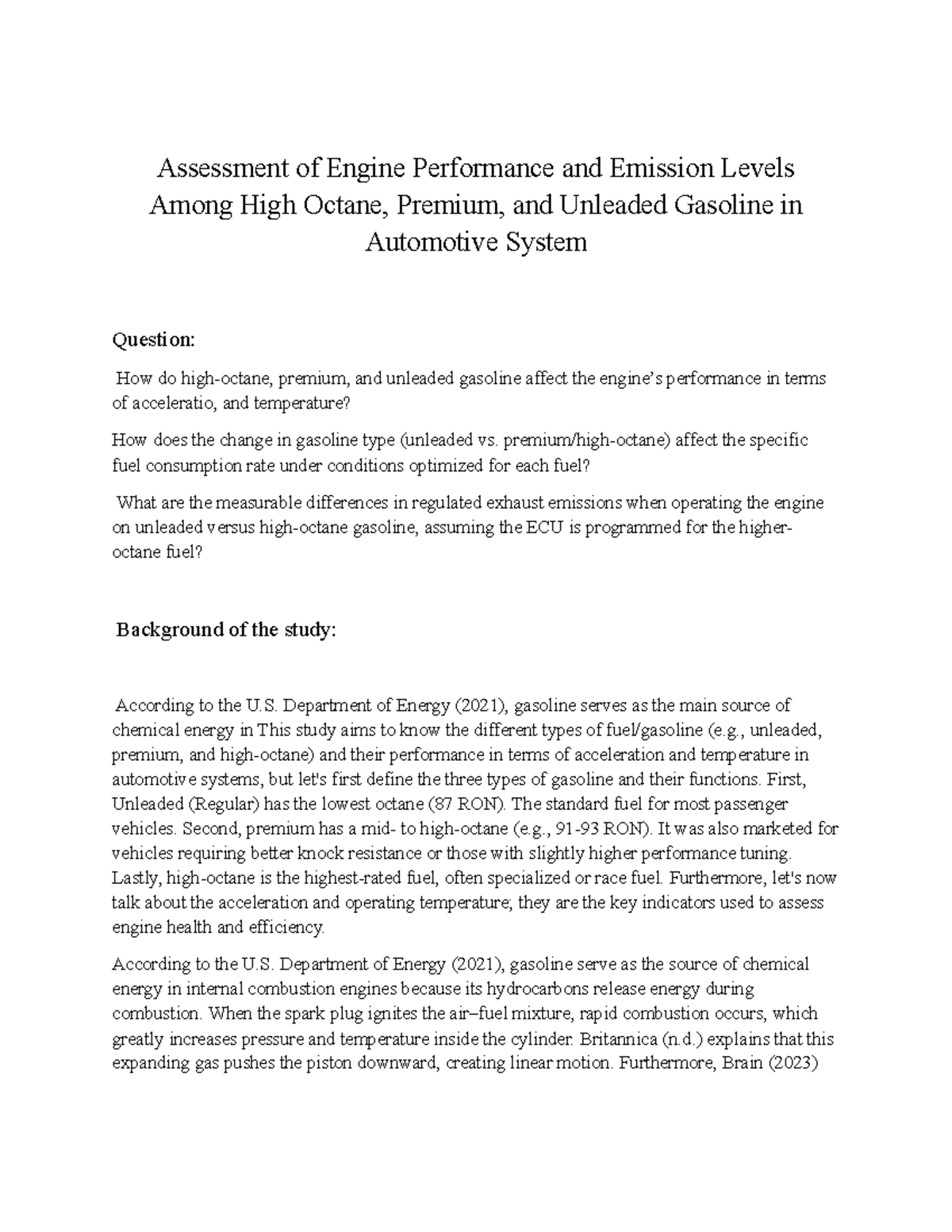 Assessment of Engine Performance & Emissions: Unleaded vs. Premium ...