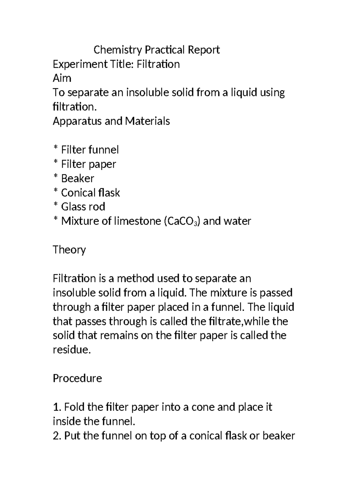 Chemistry Practical Report: Filtration of Limestone (CaCO3) - Studocu