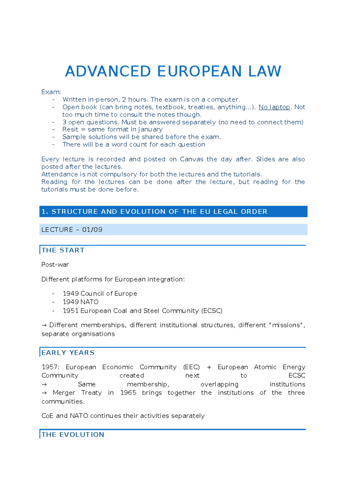 Advanced European Law (AEL) Exam: Structure, Treaties, and Competences ...