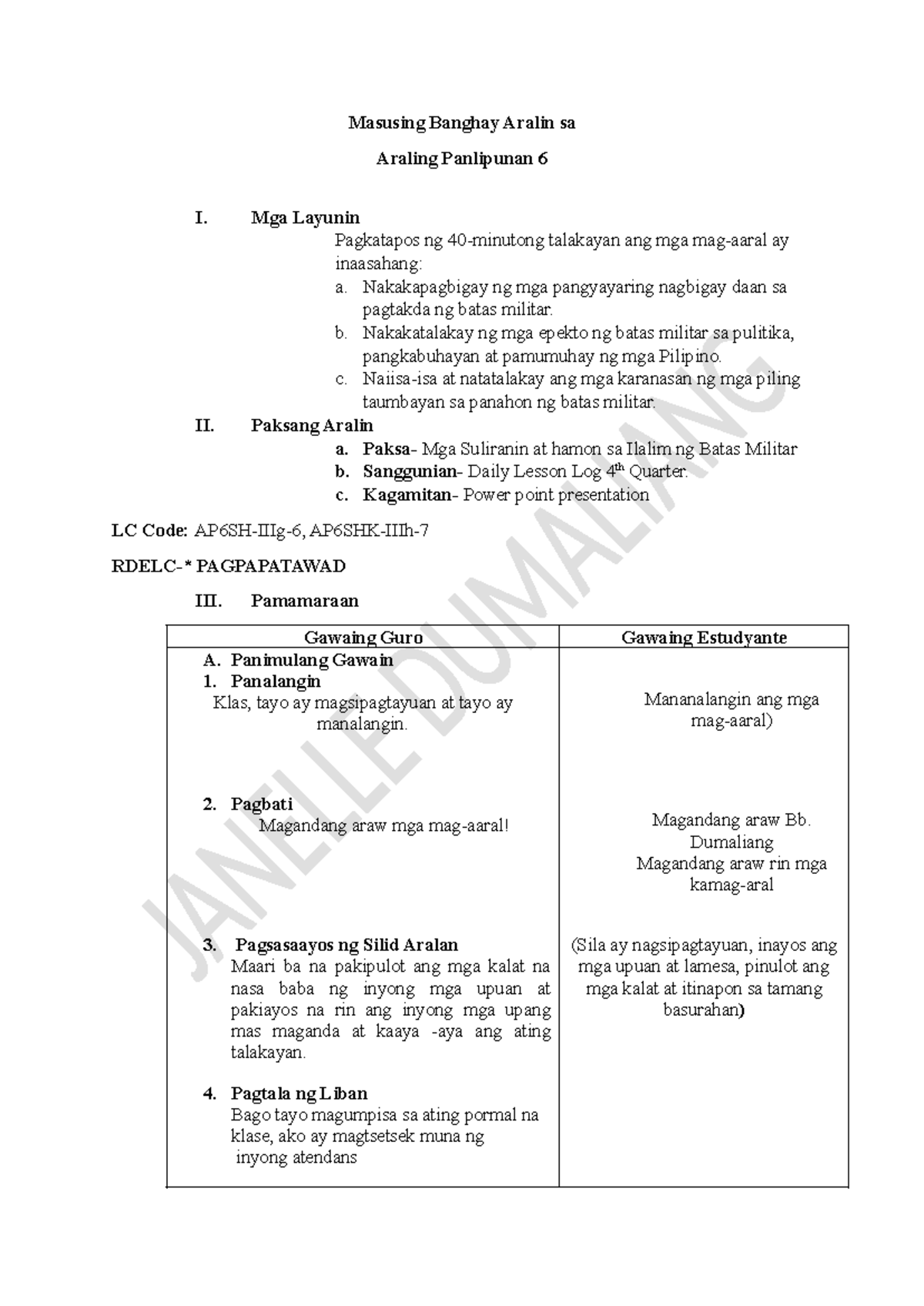DLP AP6 - Detailed Lesson Plan on Martial Law in Araling Panlipunan 6 ...