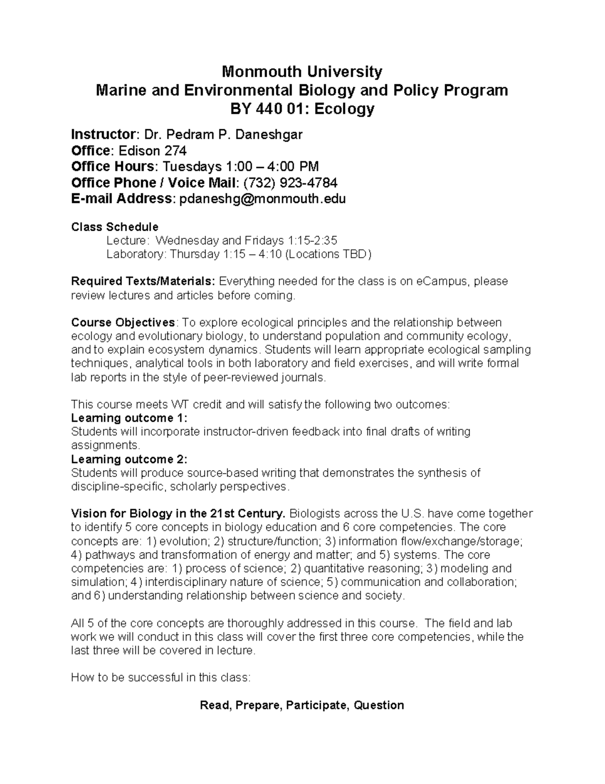 Ecology Syllabus for Marine & Environmental Biology 440 - Fall 2025 ...