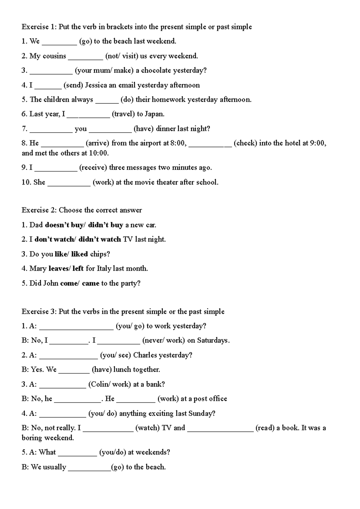 Exercise 1: Present Simple & Past Simple Verb Practice - Studocu