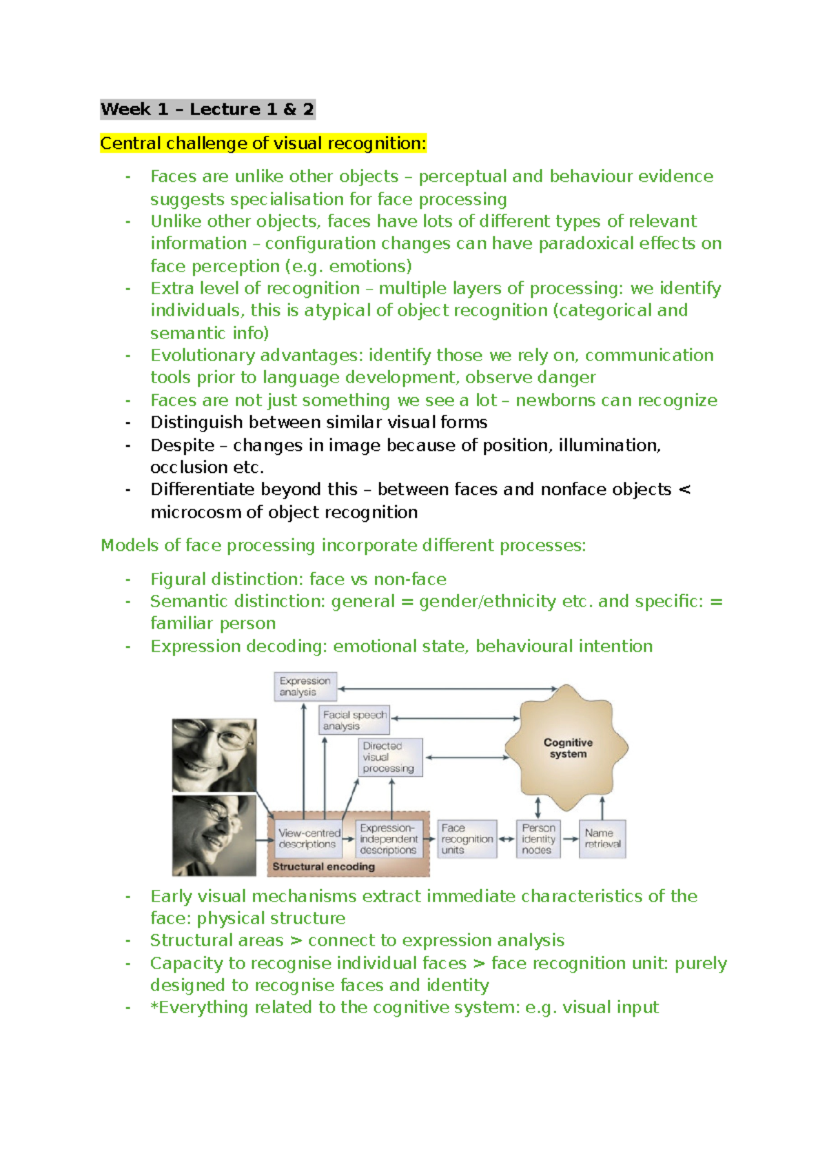 Neuroscience - Face Processing Lecture Notes (Week 1) - Studocu