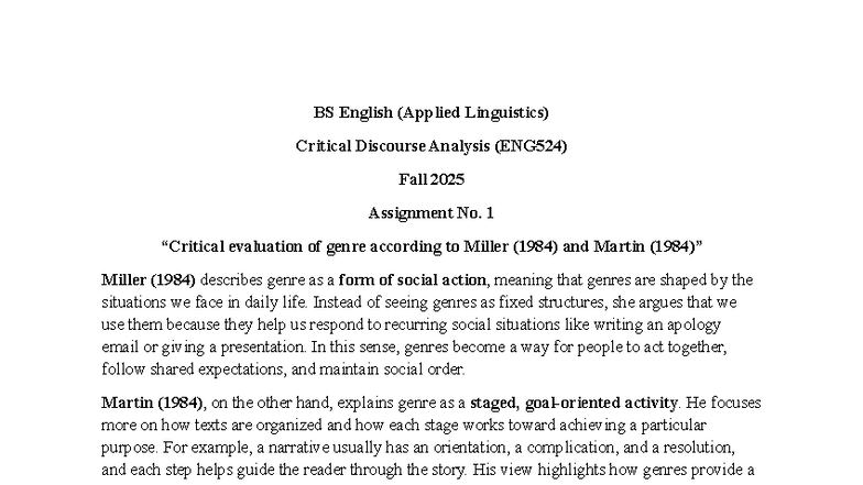 ENG524 Critical Discourse Analysis: Genre Evaluation Assignment 1 - Studocu