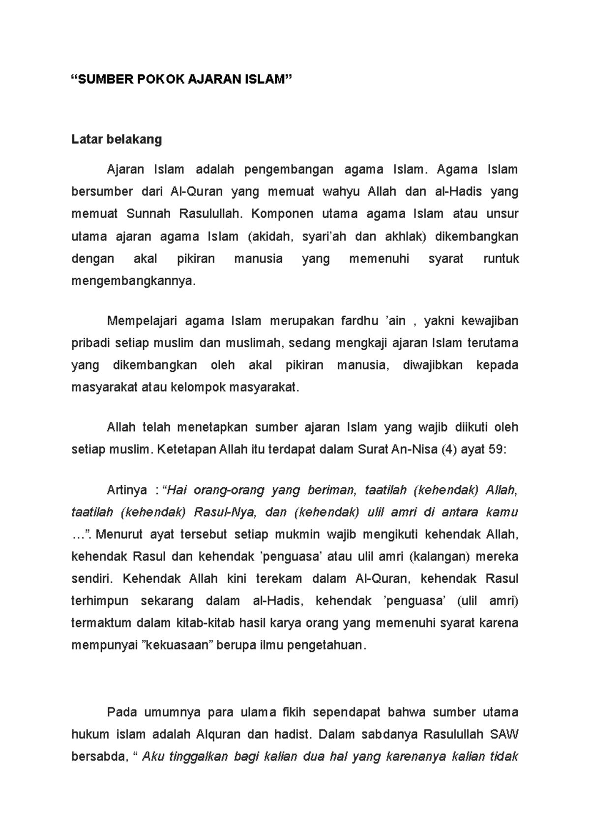 Sumber Pokok Ajaran Islam - Bagian 1: Al-Quran dan Hadis - Studocu