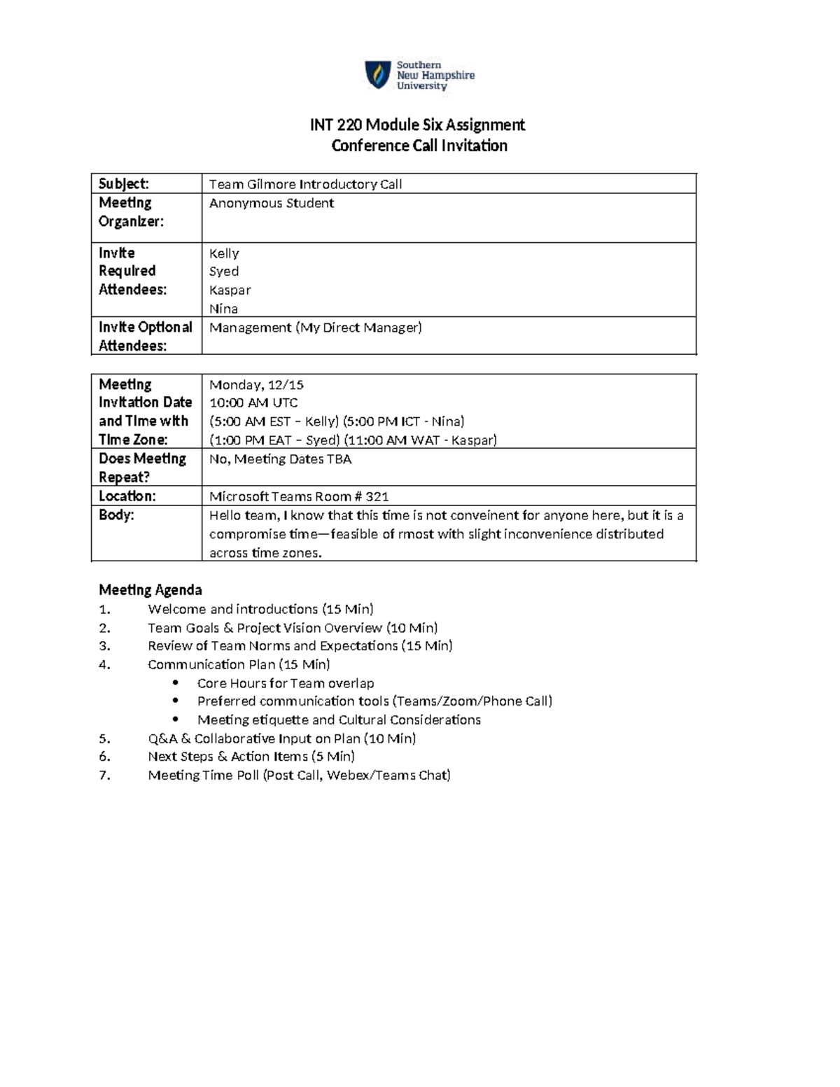INT 220 Module Six Assignment: Conference Call Invitation - Studocu