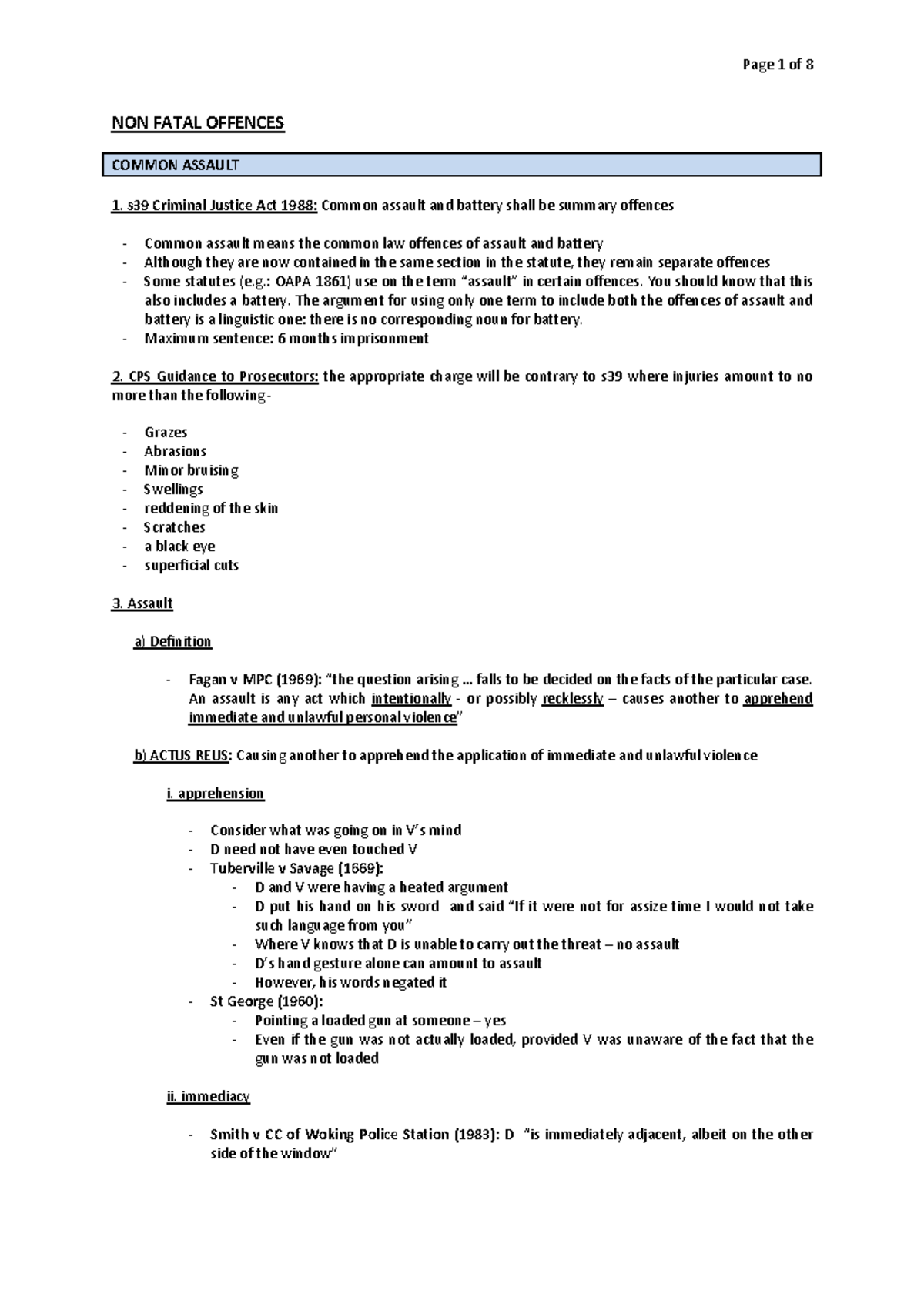 OAPA UOL Notes: Understanding Non-Fatal Offences and Assault - Studocu