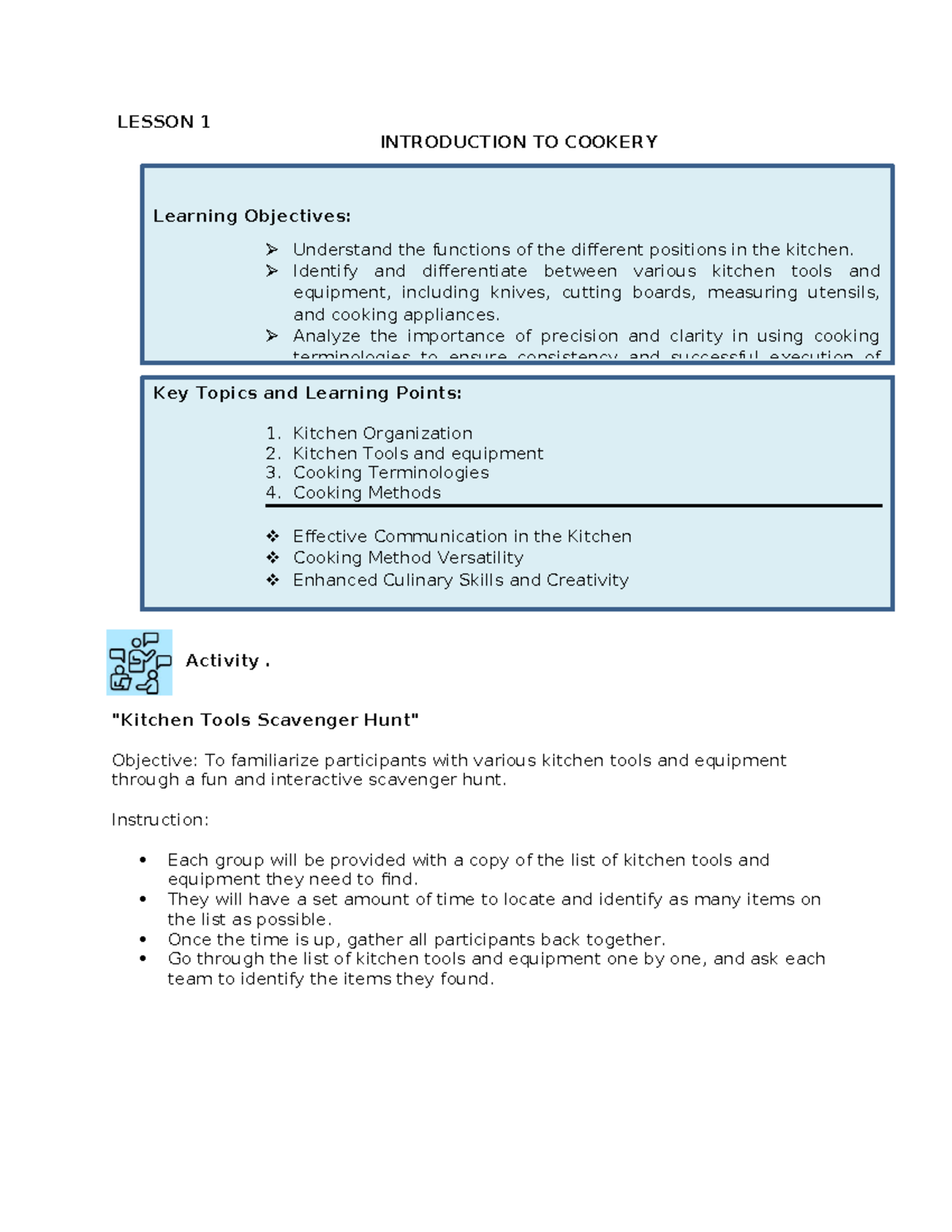 Lesson 1 - Intro to Cookery: Kitchen Tools & Brigade Overview - Studocu