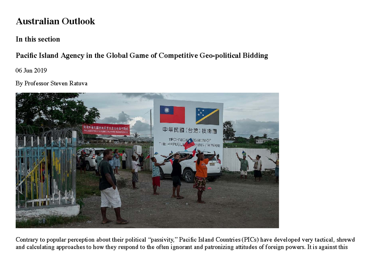 Australian Outlook: Pacific Island Agency in Geopolitical Bidding - Studocu