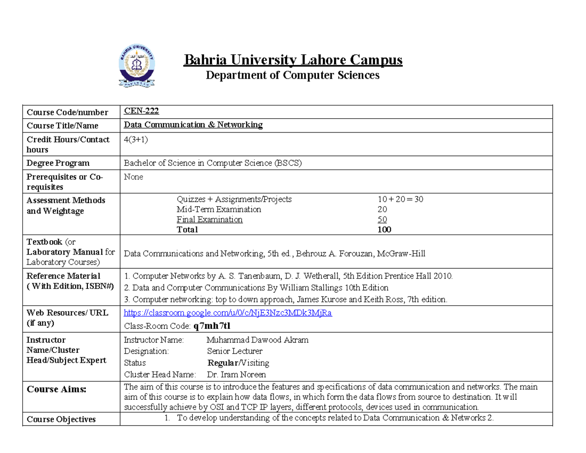 CEN - Data Communication & Networking Course Outline Summary - Studocu