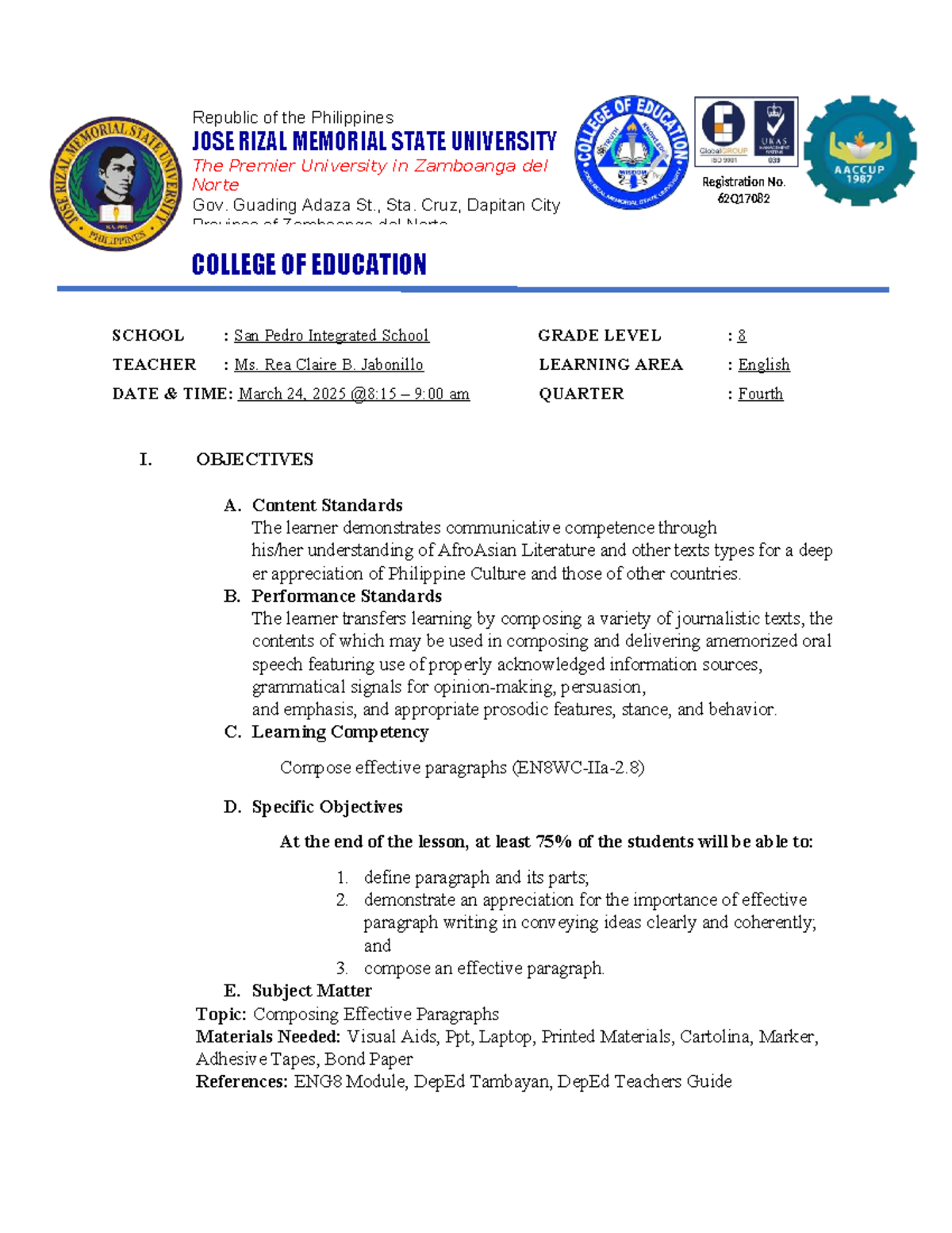 Paragraph LP - Lesson plan for effective paragraph writing in English 8 ...