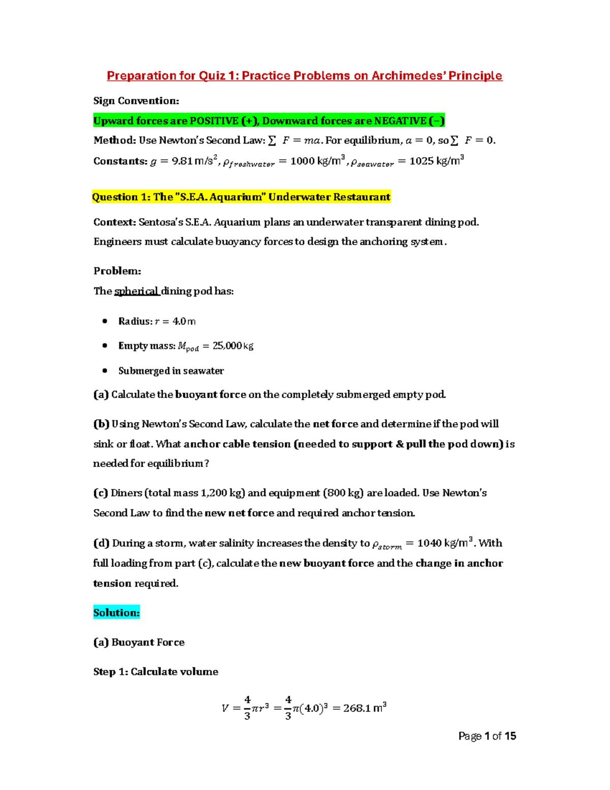 Quiz 1 Practice Problems on Archimedes Principle: Forces & Buoyancy ...