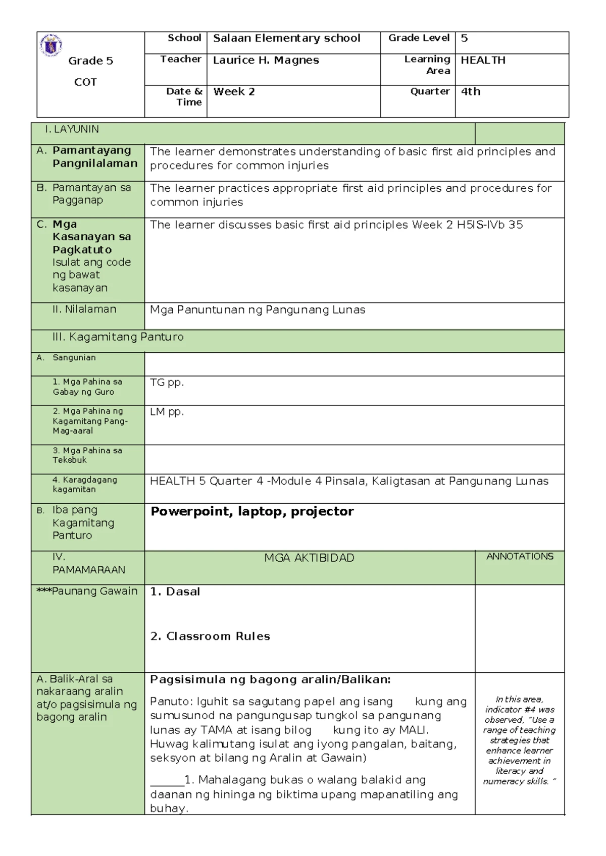 Health 5 Q4 W 2 Natutukoy ang mga panuntunan ng pangunang Lunas-f ...