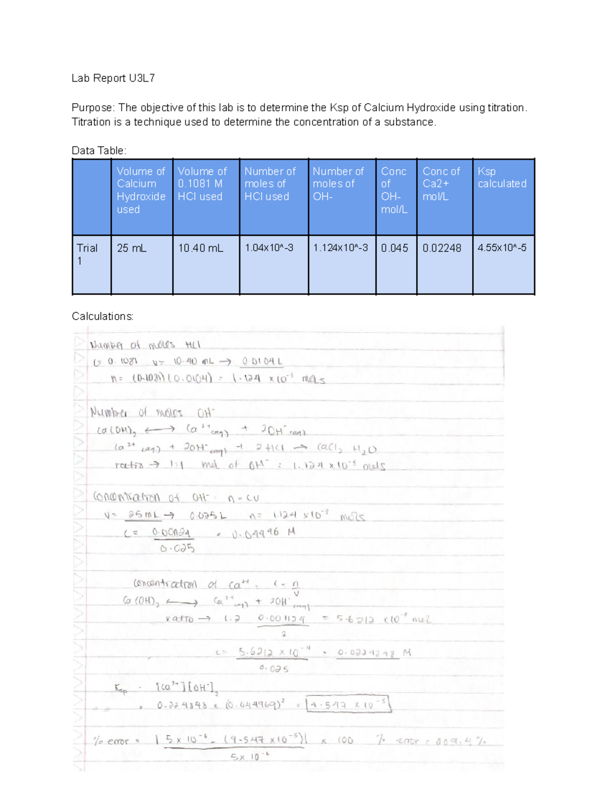 U3L7 Lab Report: Determining the Ksp for Calcium Hydroxide via Titration - Studocu