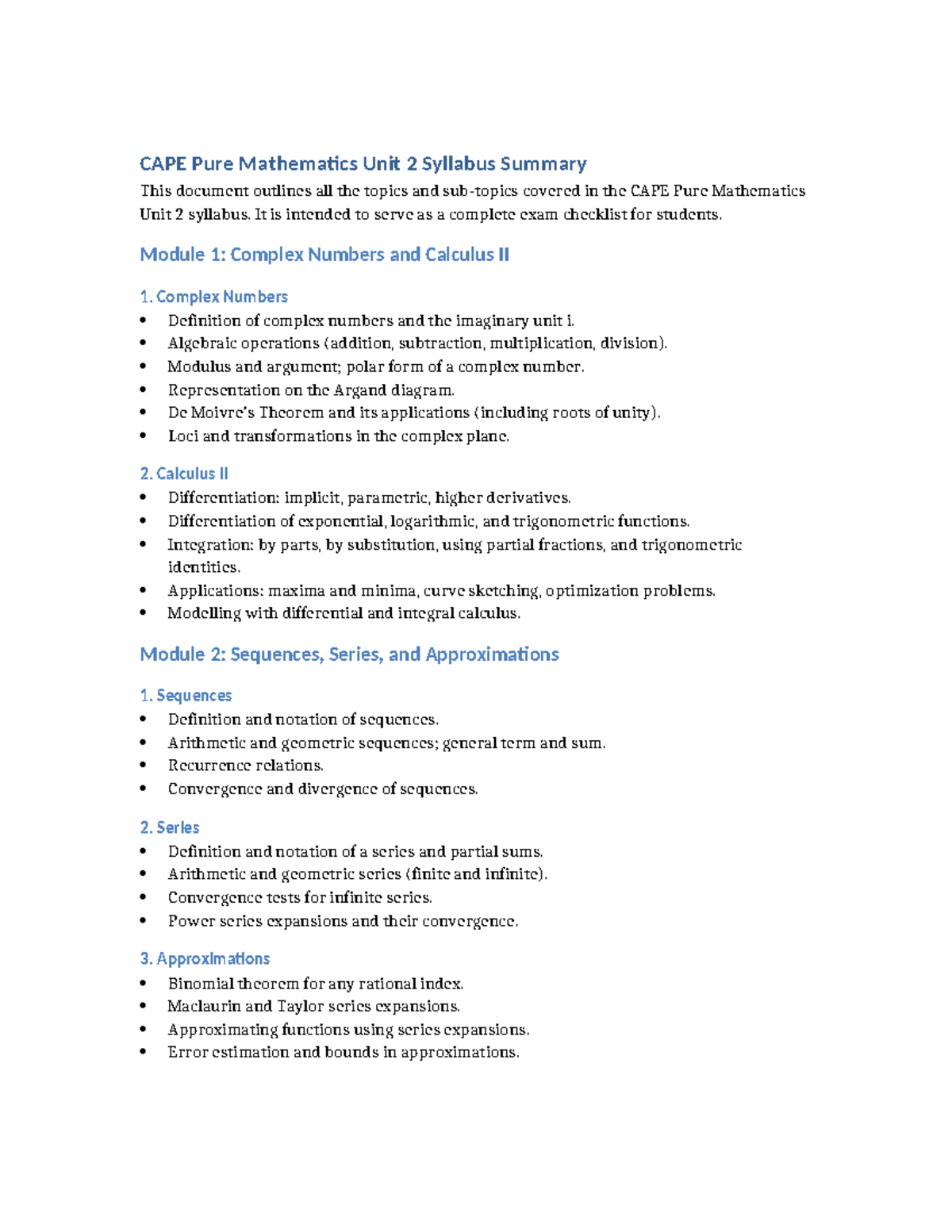 CAPE Pure Mathematics Unit 2 Exam Checklist and Syllabus Summary - Studocu