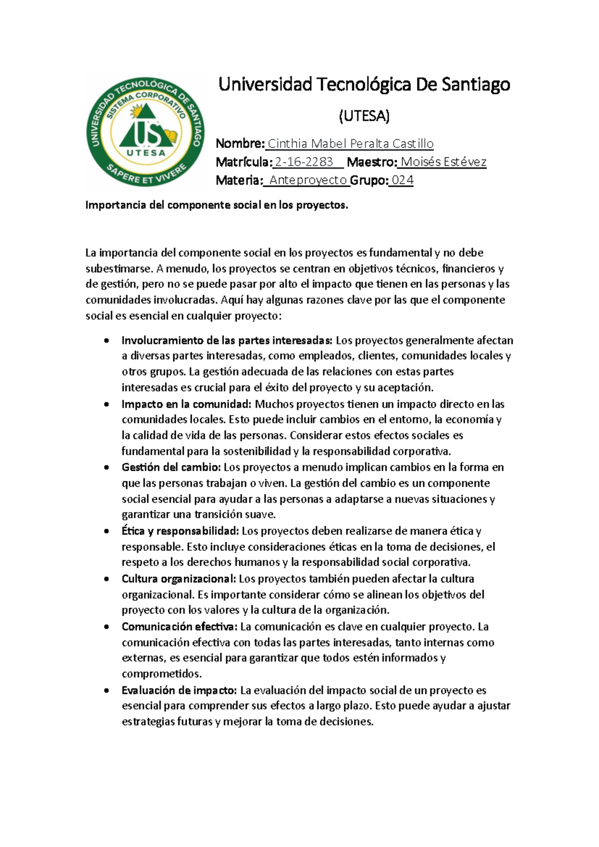 Importancia del Componente Social en Proyectos: Claves para Éxito - Studocu